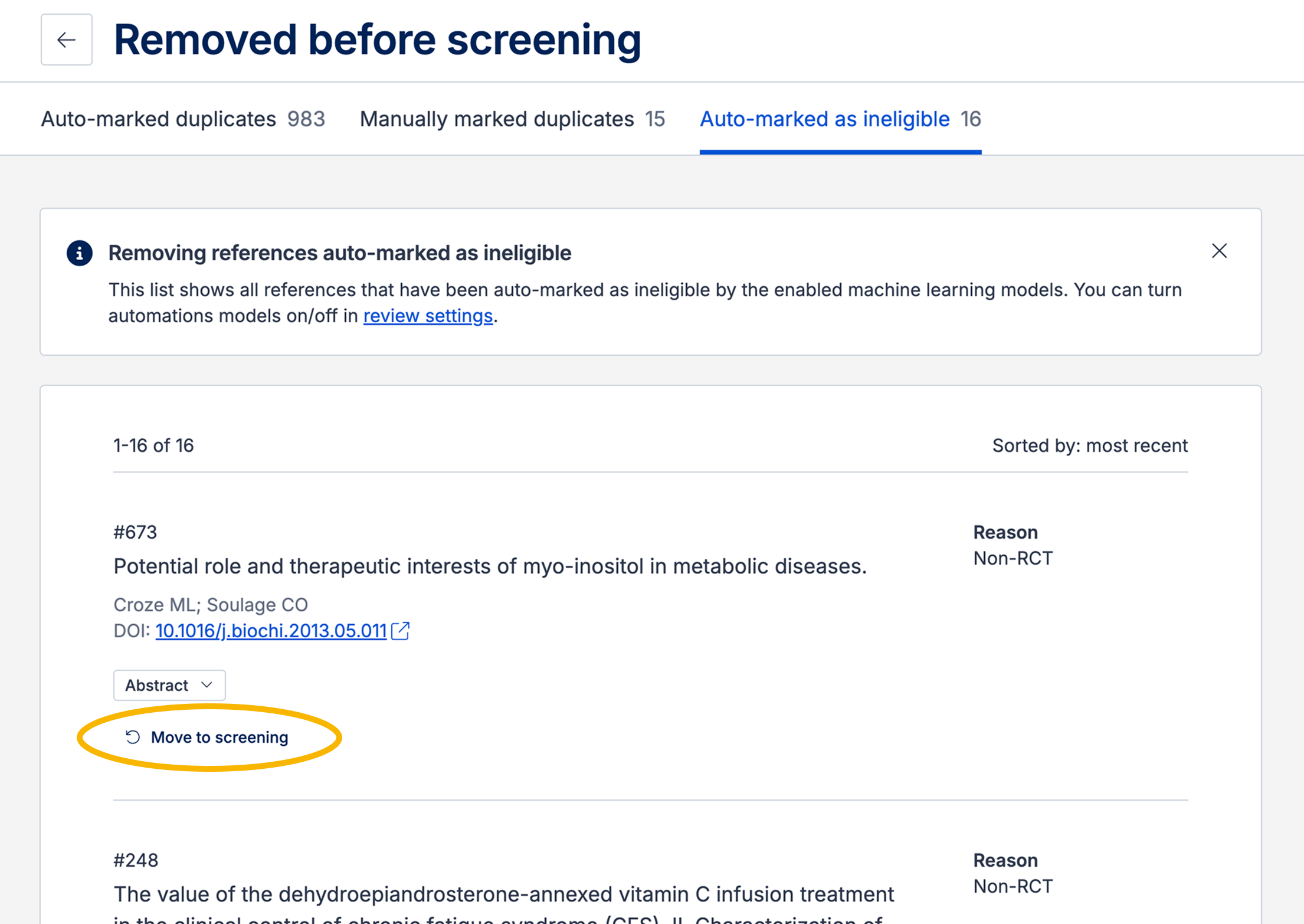 AI feature: Remove references reporting on non-RCTs before screening